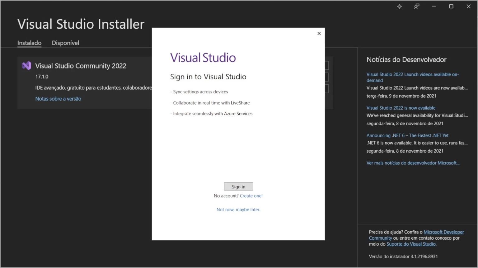 Instalação do Visual Studio 2022 no ambiente Windows (2025)